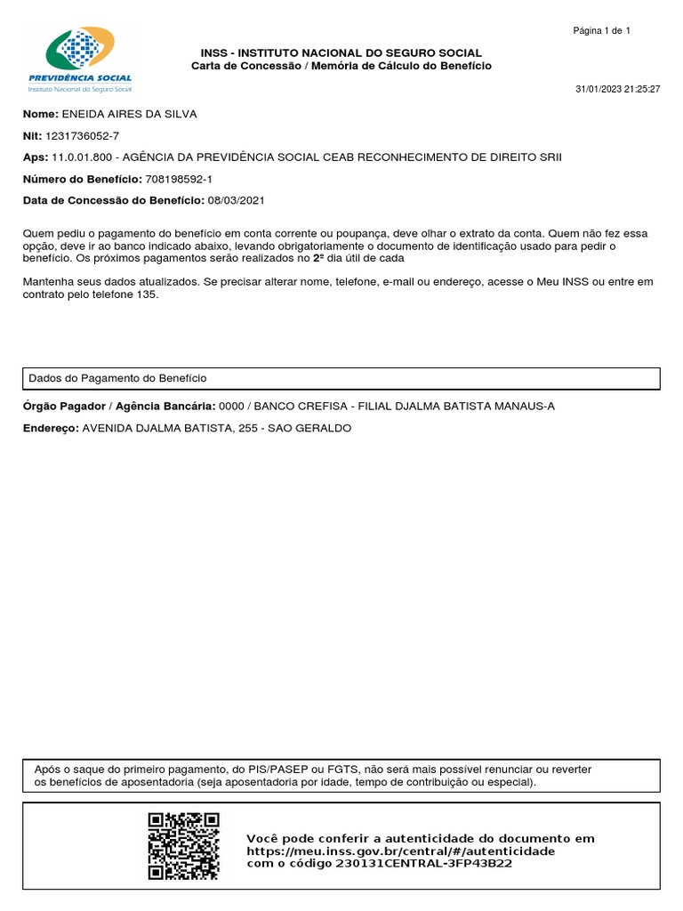 Carta Concessao Beneficio | PDF