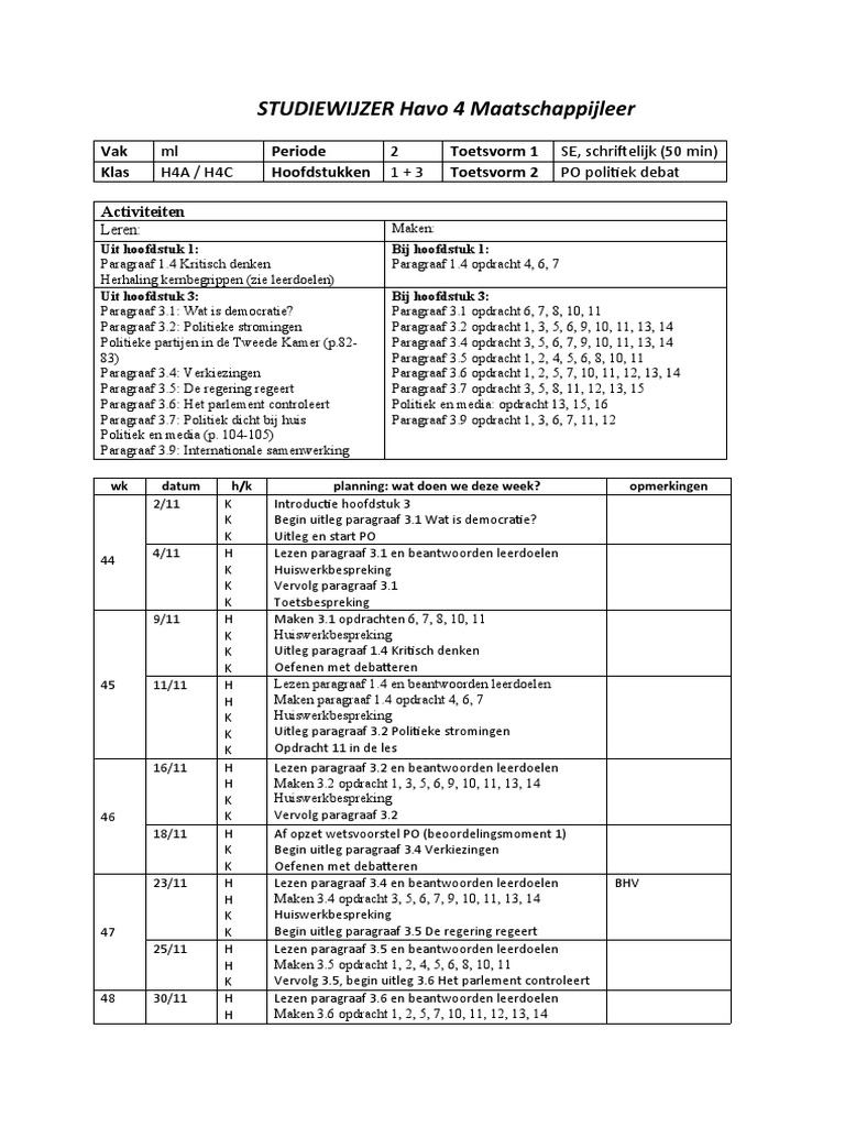 Kopie Van Studiewijzer H4 Maatschappijleer Periode 2 | PDF