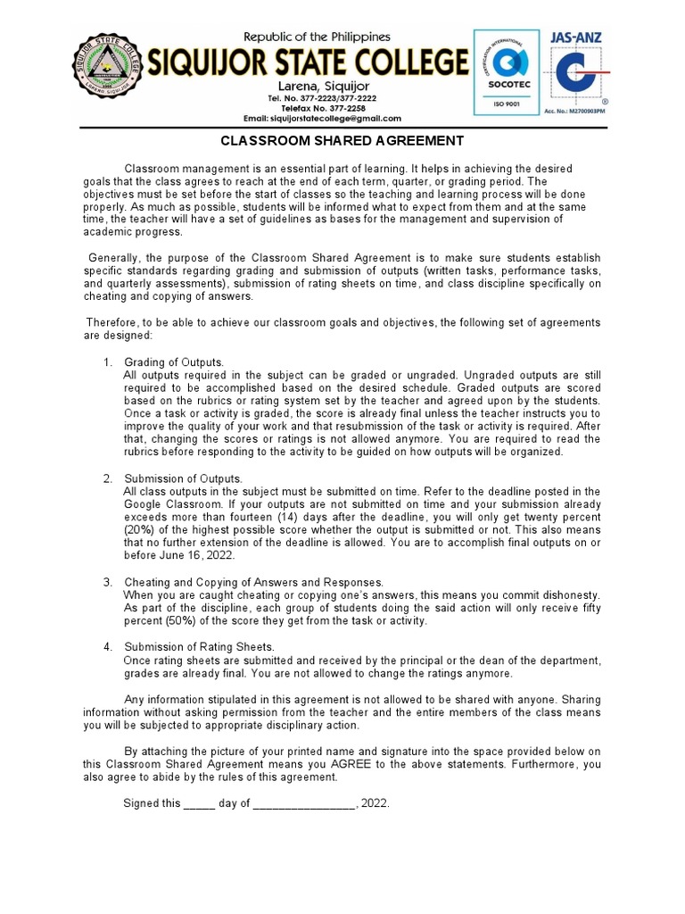 (Template) Classroom Shared Agreement | PDF | Teachers | Rubric (Academic)