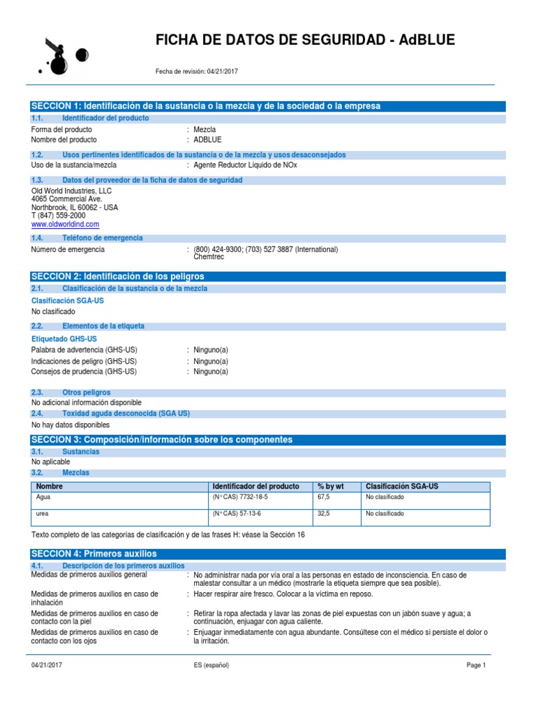 Ficha de Seguridad AdBlue: Composición y Primeros Auxilios | PDF | Agua | Residuos