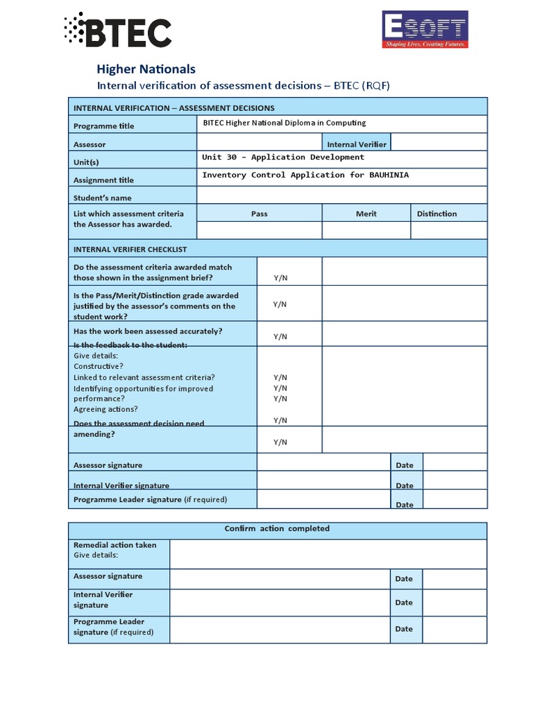 Higher Nationals: Internal Verification of Assessment Decisions - BTEC (RQF) | Download Free PDF ...