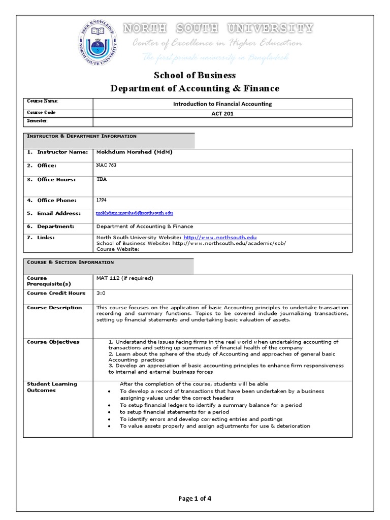 ACT 201 Course Outline-1 | PDF | Accounting | Test (Assessment)