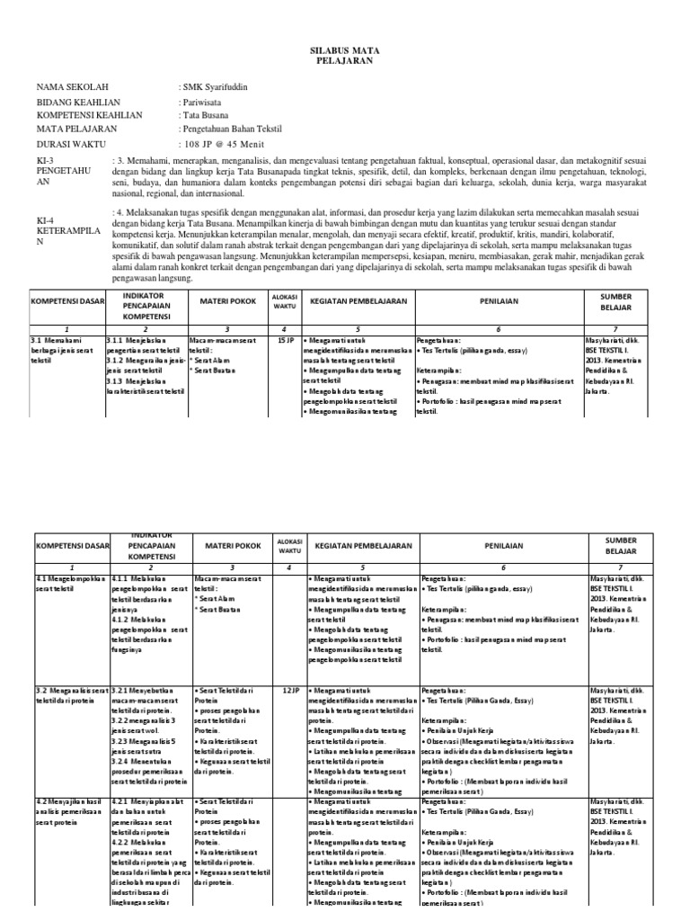SILABUS TEKSTIL-2018-KELAS-X-SMK-TATA-BUSANA-pdf - Compressed | PDF