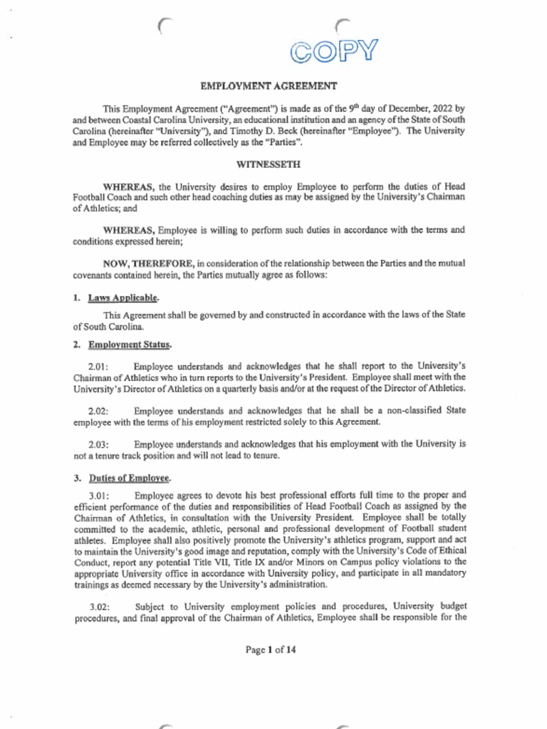 CCU Head Football Coach Tim Beck's Contract | PDF