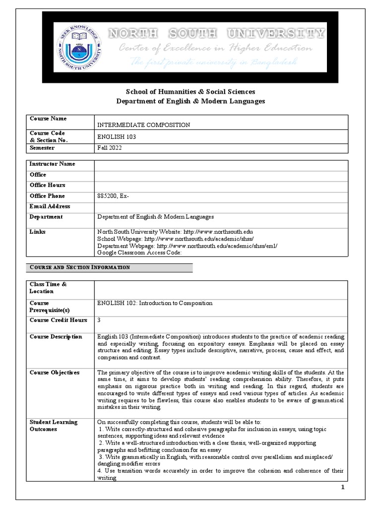 ENG103 Course Outlinefor Fall 2022 | PDF | Essays | Reading Comprehension