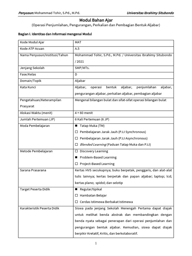 Modul Ajar Matematika - Penjumlahan, Pengurangan, Perkalian Dan ...
