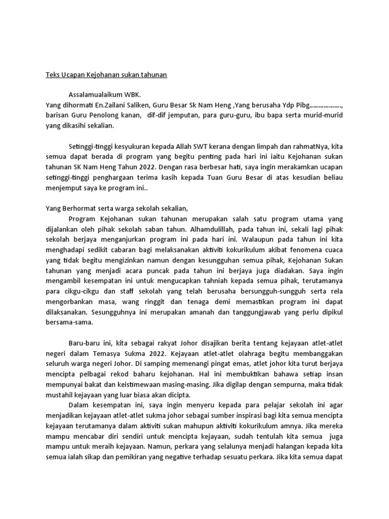 Teks Ucapan Penutupan Hari Sukan | PDF