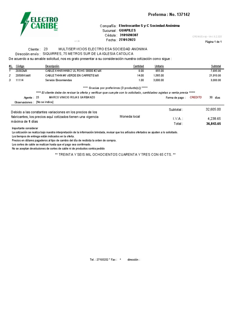 Electrocaribe S y C Sociedad Anonima Proforma 137142 MULTISERVICIOS ELECTRO ESA SOCIEDAD ANONIMA ...