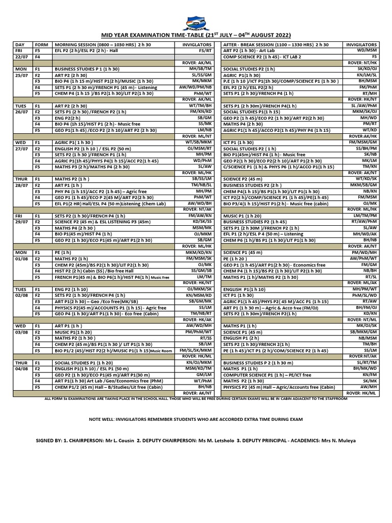 Mid - Year Examinatin Timetable 2022 With Invigilators | PDF