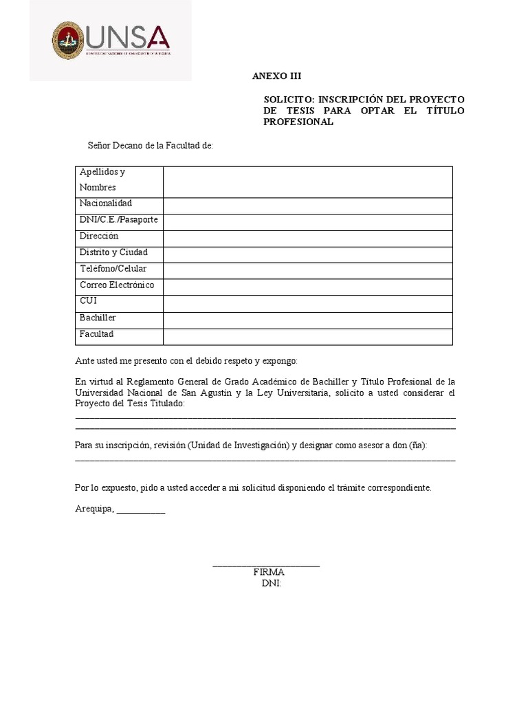 ANEXO III Solicitud Inscripcion Proyecto de Tesis - Titulo | PDF