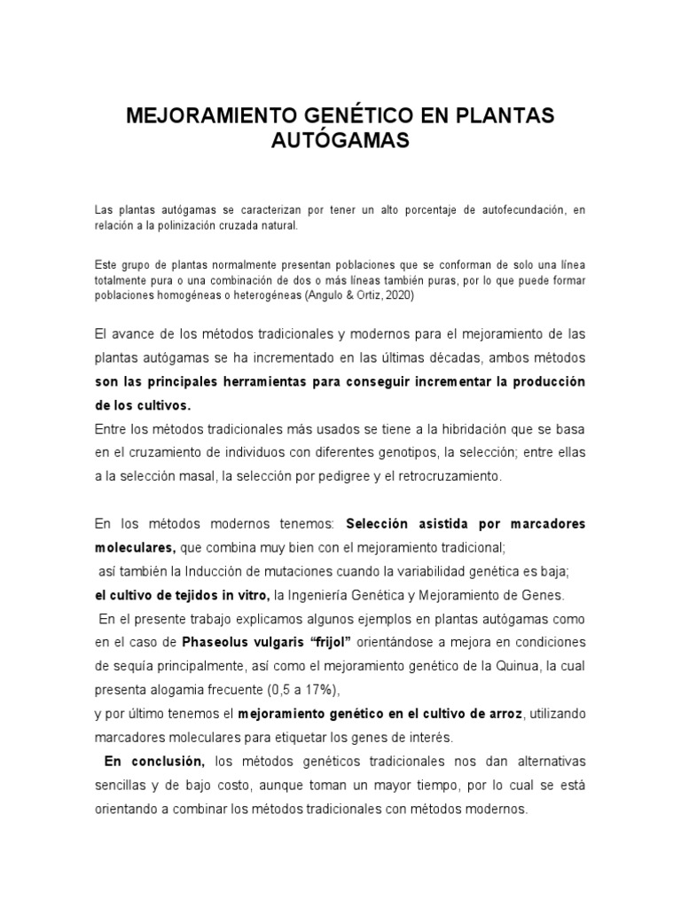 Mejoramiento Genético en Plantas Autógamas | PDF | Híbrido (biología) | Gene