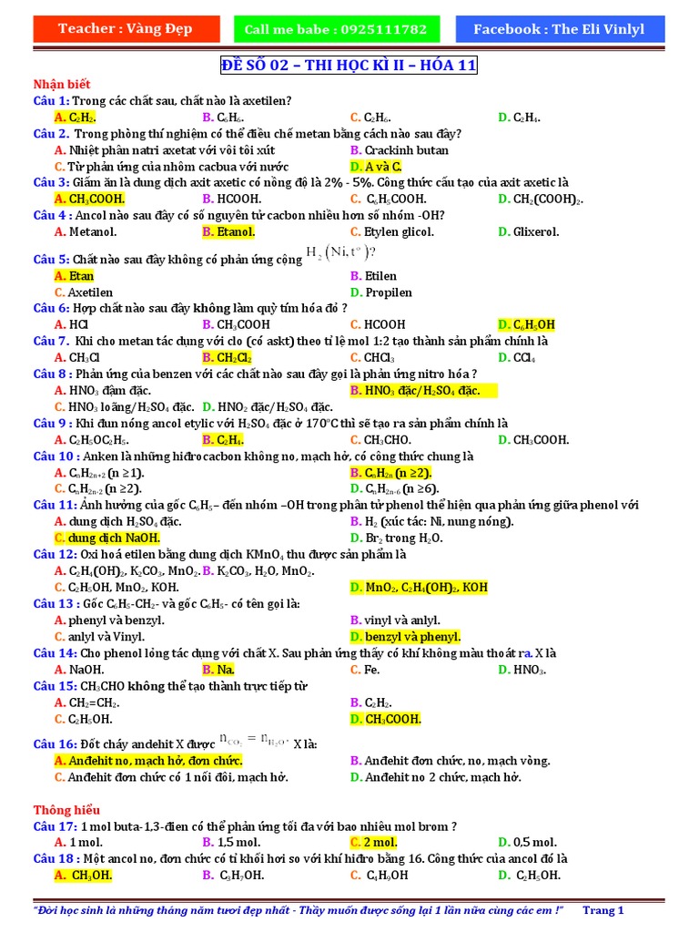 7 DE THI HOC KI II SIEU PHAM HOA 11 DAP AN de 2 | PDF
