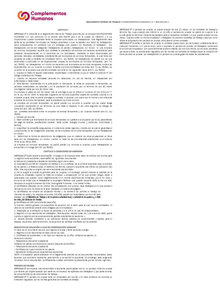 Reglamento Interno Complementos Humanos | PDF | Salario | Salario mínimo