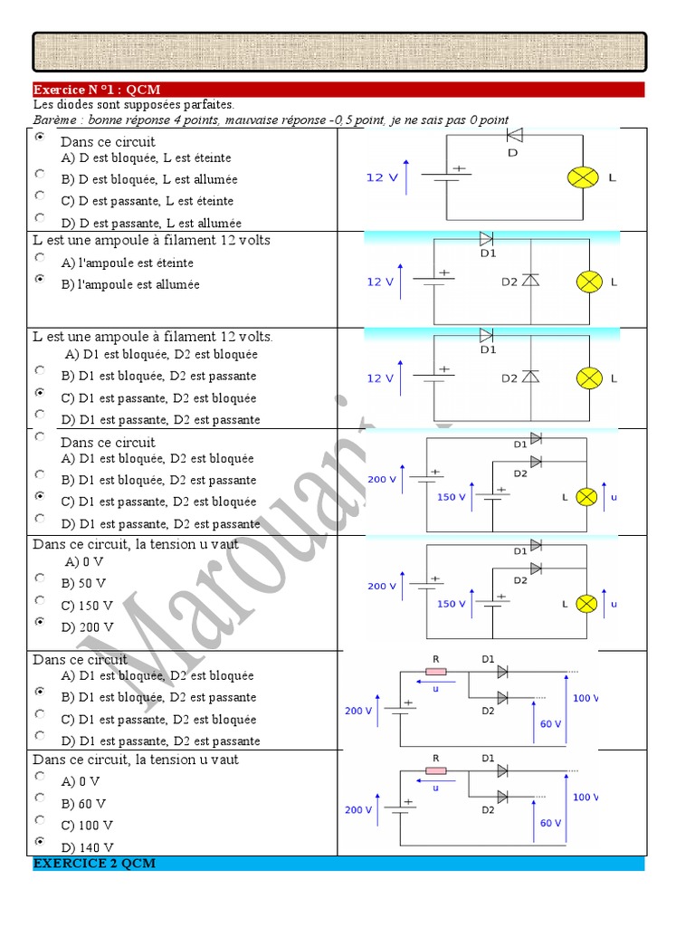 QCM et Exercices sur les Diodes | PDF | Diode | Tension électrique