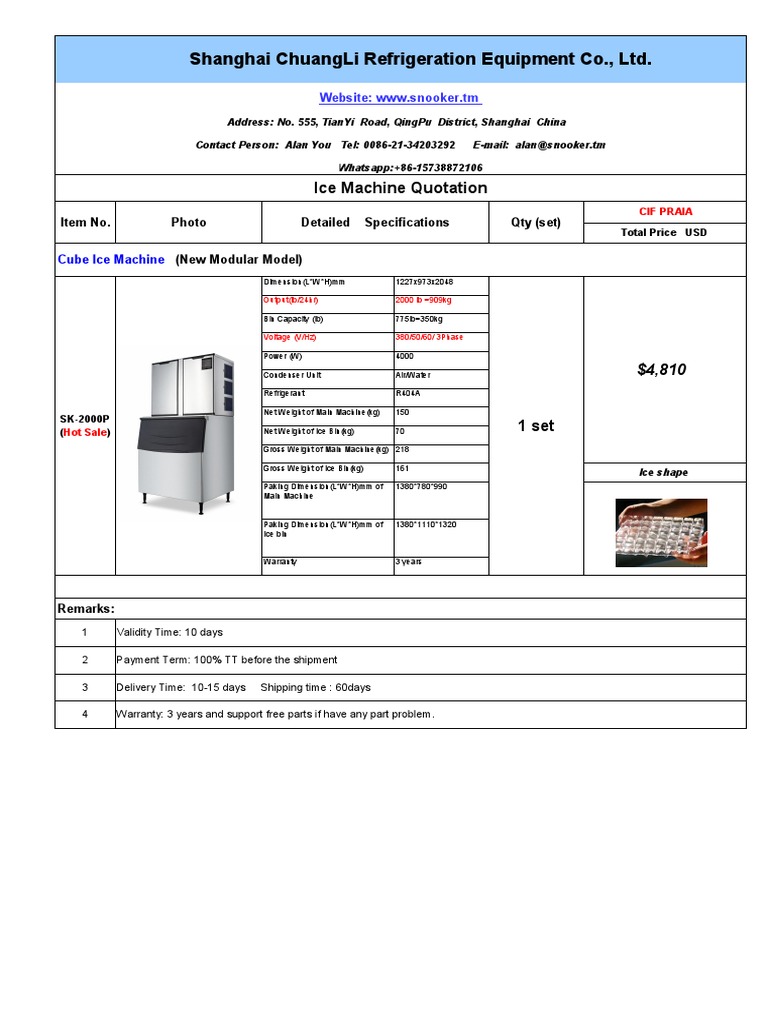 Cube Ice Machine SK-2000P Quotation | PDF | Engineering Thermodynamics ...