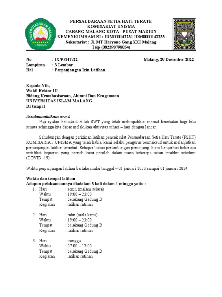 Surat Perpanjang Latihan Unisma 2022 | PDF