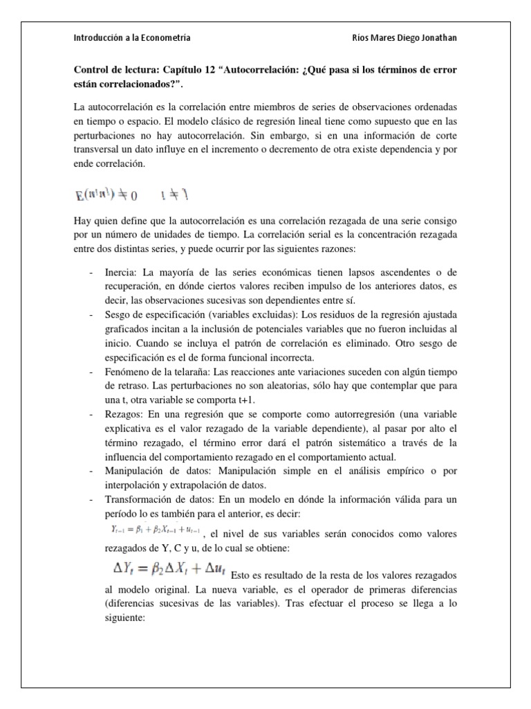 RíosMares_Control de lectura Autocorrelacion | PDF | Mínimos cuadrados ordinarios | Econometría