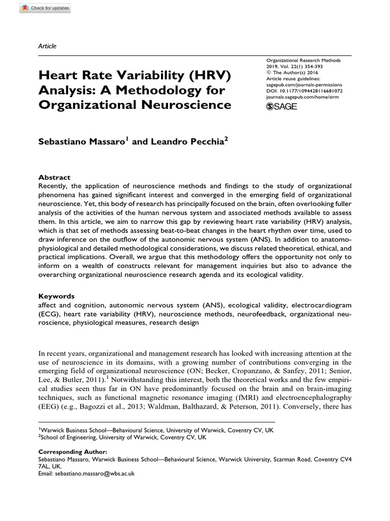 Heart Rate Variability (HRV) Analysis: A Methodology For Organizational Neuroscience | PDF ...