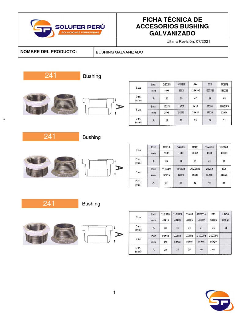 Ficha Tecnica de Bushing Galvanizado - Solufer | PDF