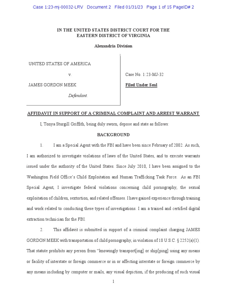Affidavit For A Criminal Complaint & Arrest Warrant For James Gordon Meek | PDF | I Cloud ...