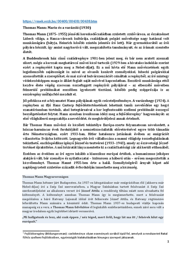 Thomas Mann Mario És A Varázsló | PDF