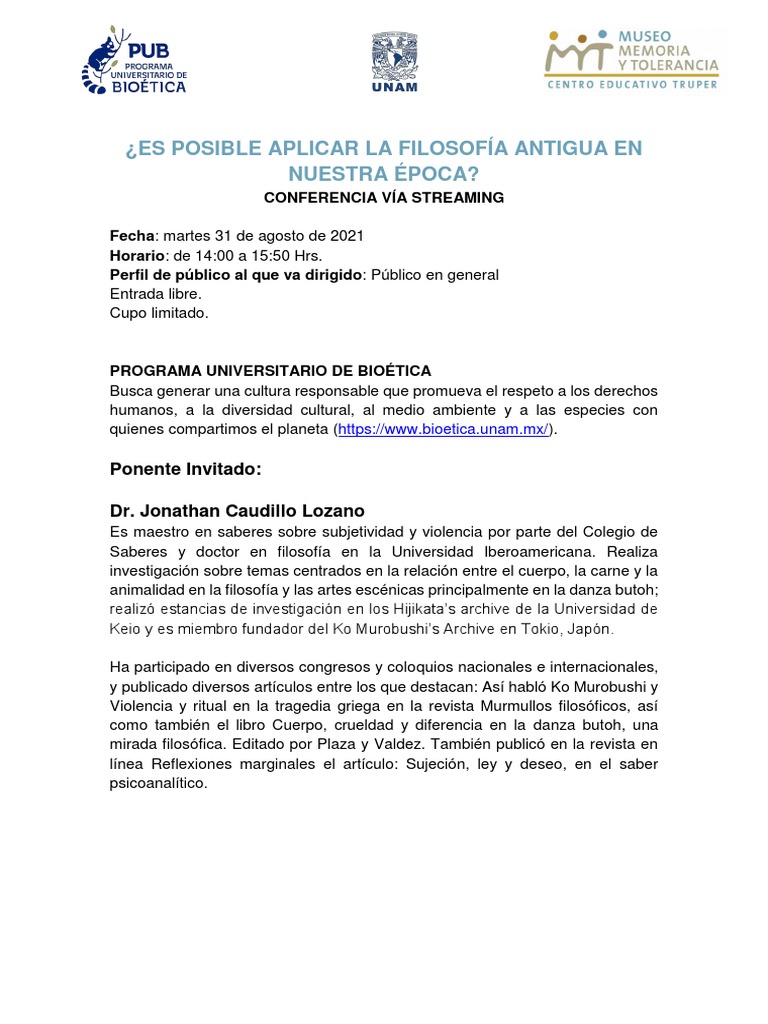 Conferencia. Agosto. Martes 31. 14-16. Filosofía Antigua en Nuestra ...