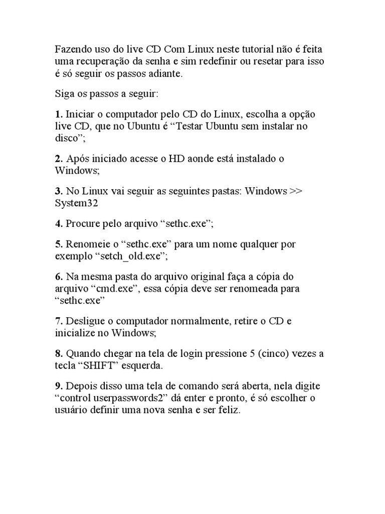 Redefinir Senha Do Windows | PDF Redefinir Senha Do Windows | PDF