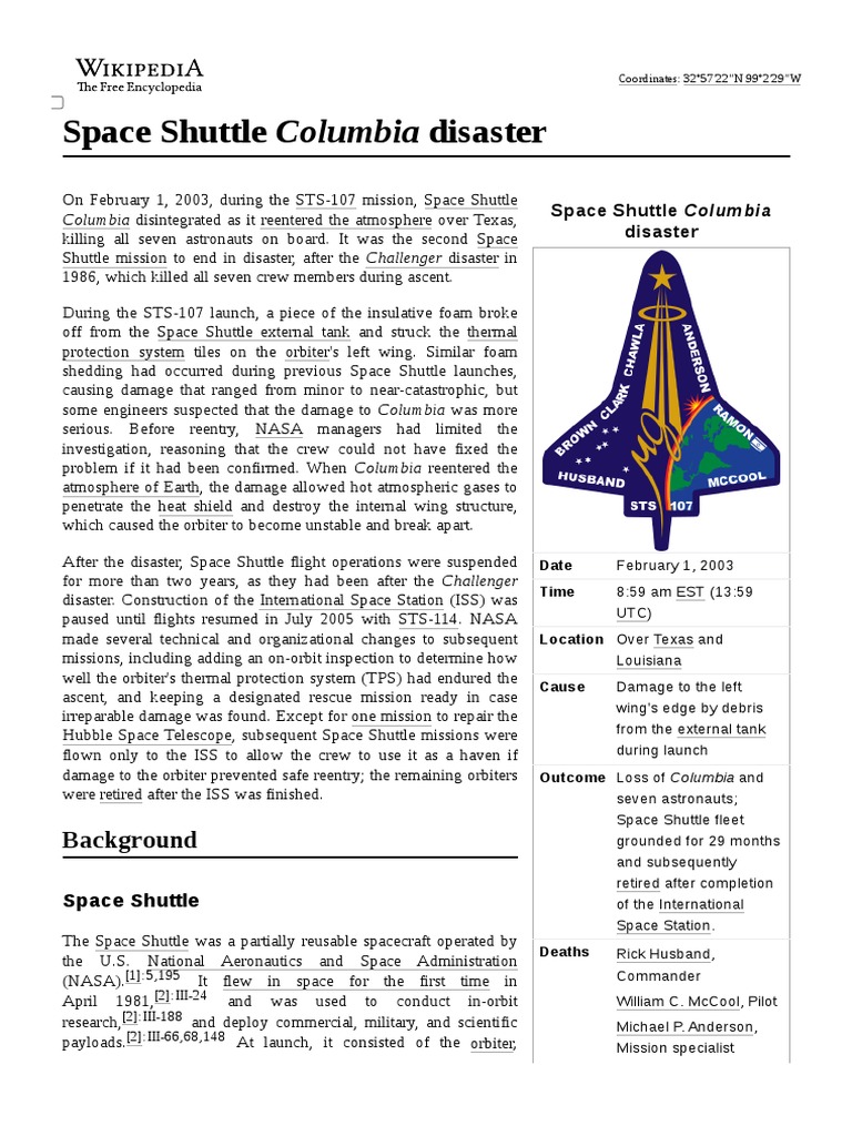 Columbia Space Shuttle Disaster Overview | PDF | Space Shuttle | Space ...