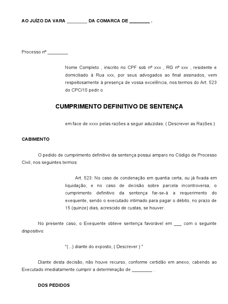 03 - Modelo - Cumprimento - Sentenca - Novo - CPC | PDF | Sentença ...