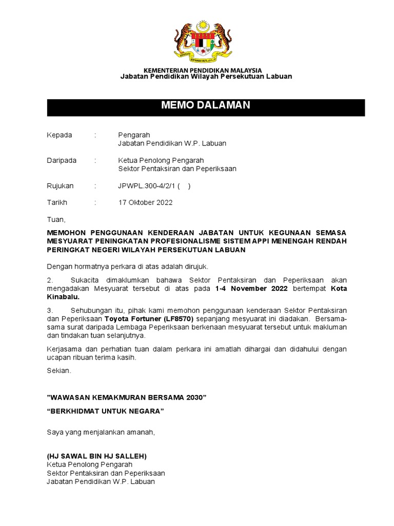 Memo Penggunaan Kenderaan | PDF