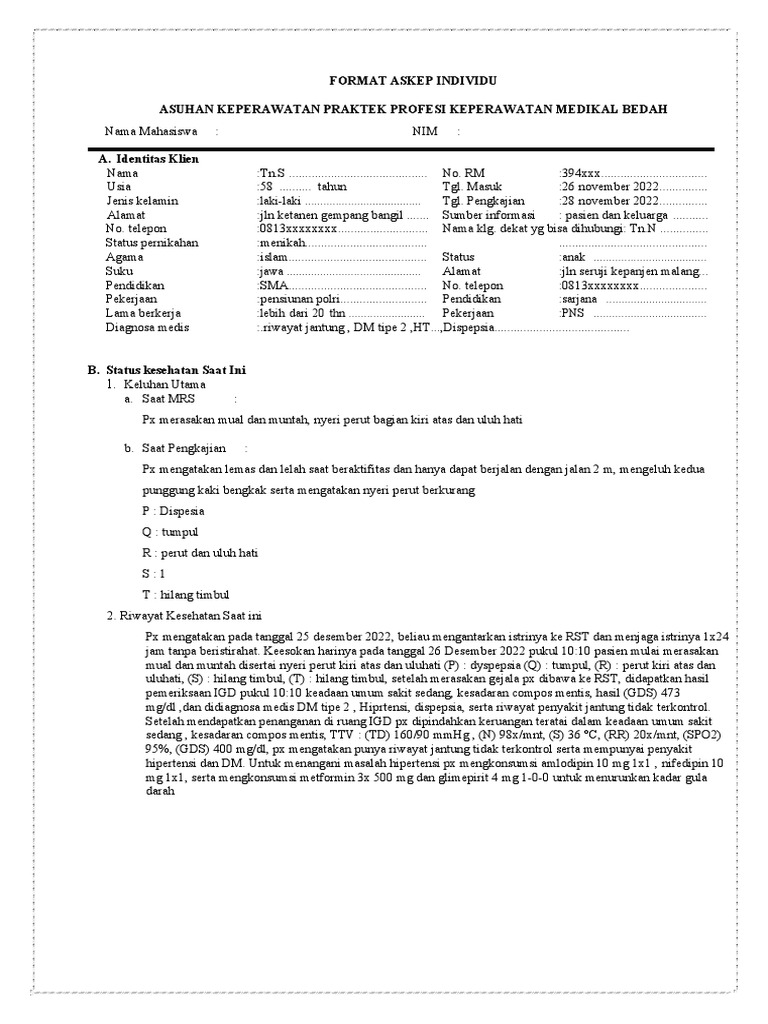 Format Askep Individu Asuhan Keperawatan Praktek Profesi Keperawatan Medikal Bedah | PDF
