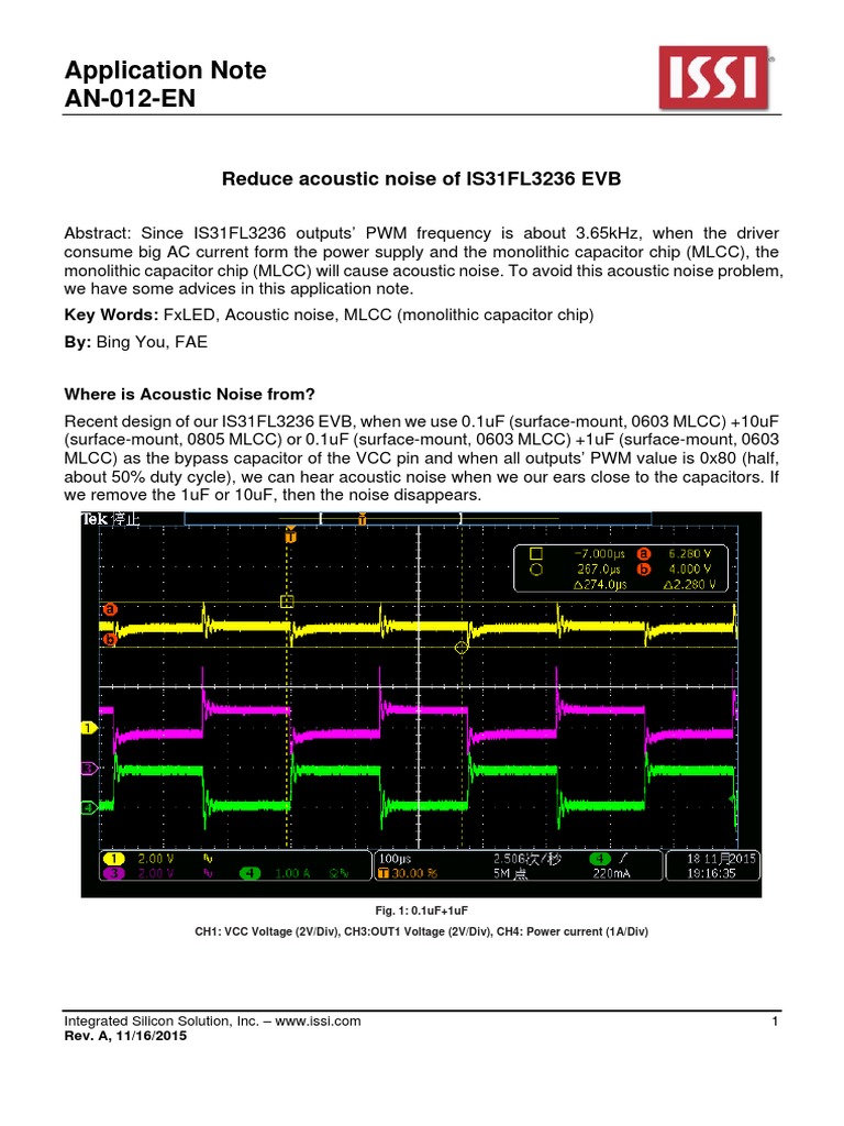 AN-012-EN Reduce Acoustic Noise of IS31FL3236 EVB Rev.A | PDF | Capacitor | Printed Circuit Board