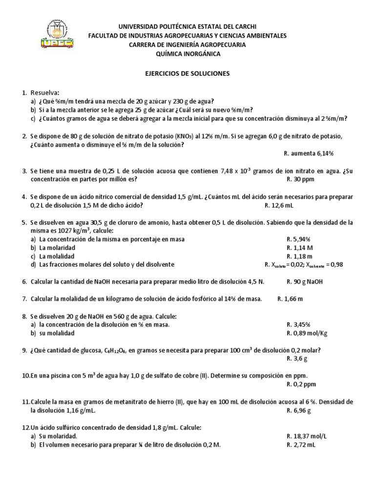 Taller Soluciones | PDF | Concentración | Ácido clorhídrico