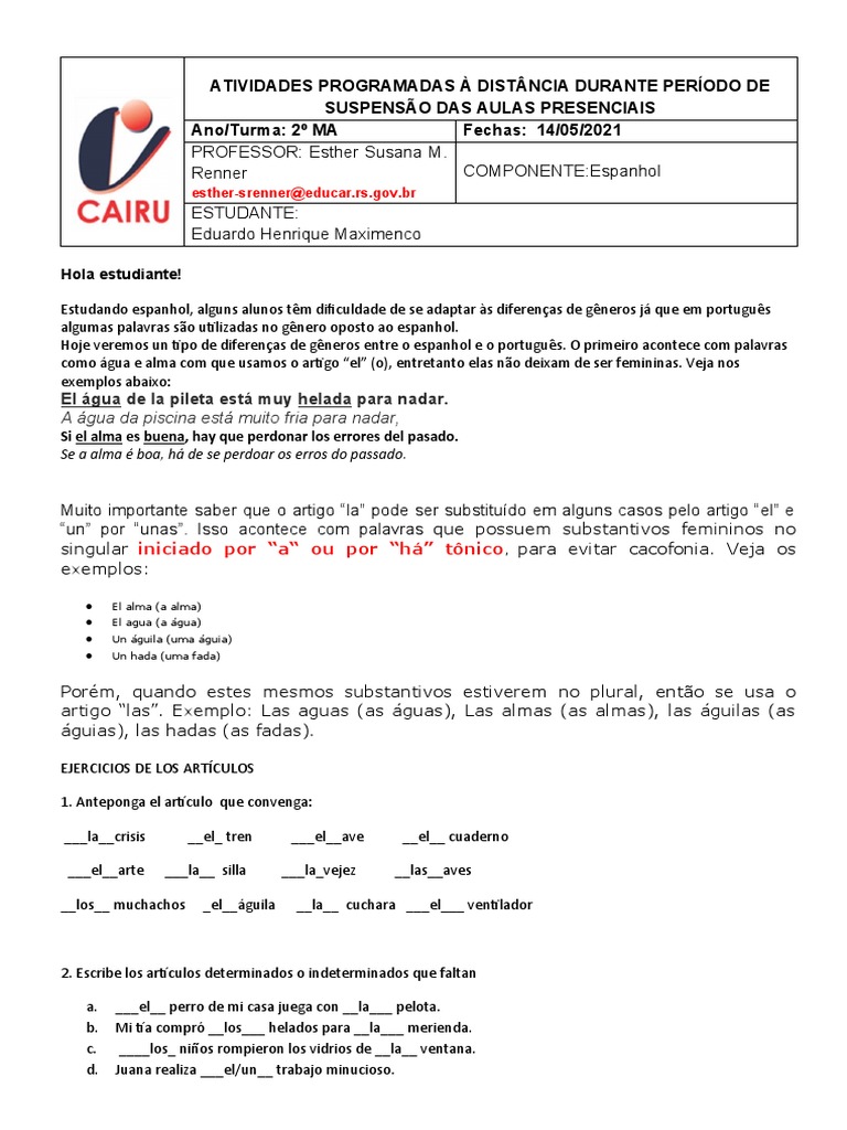 Atividades Programadas À Distância Durante Período de Suspensão Das Aulas Presenciais Ano/Turma ...