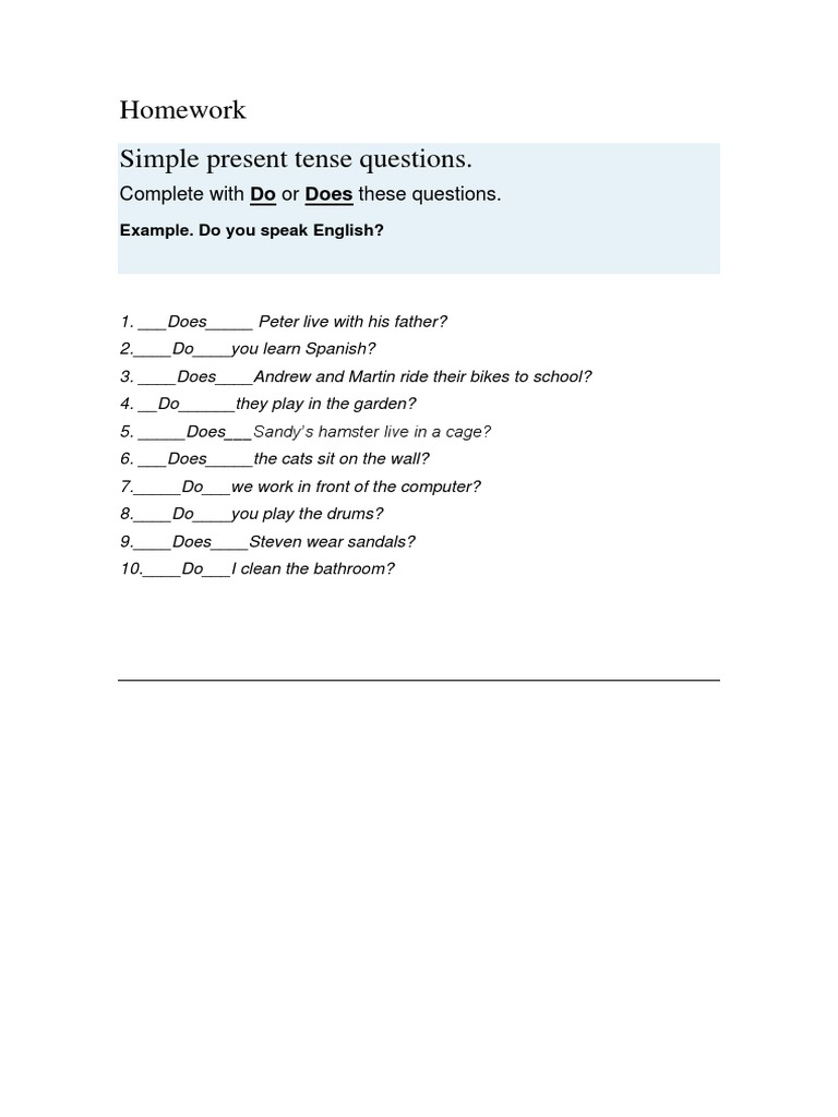 Homework. Do or Does Questions | PDF