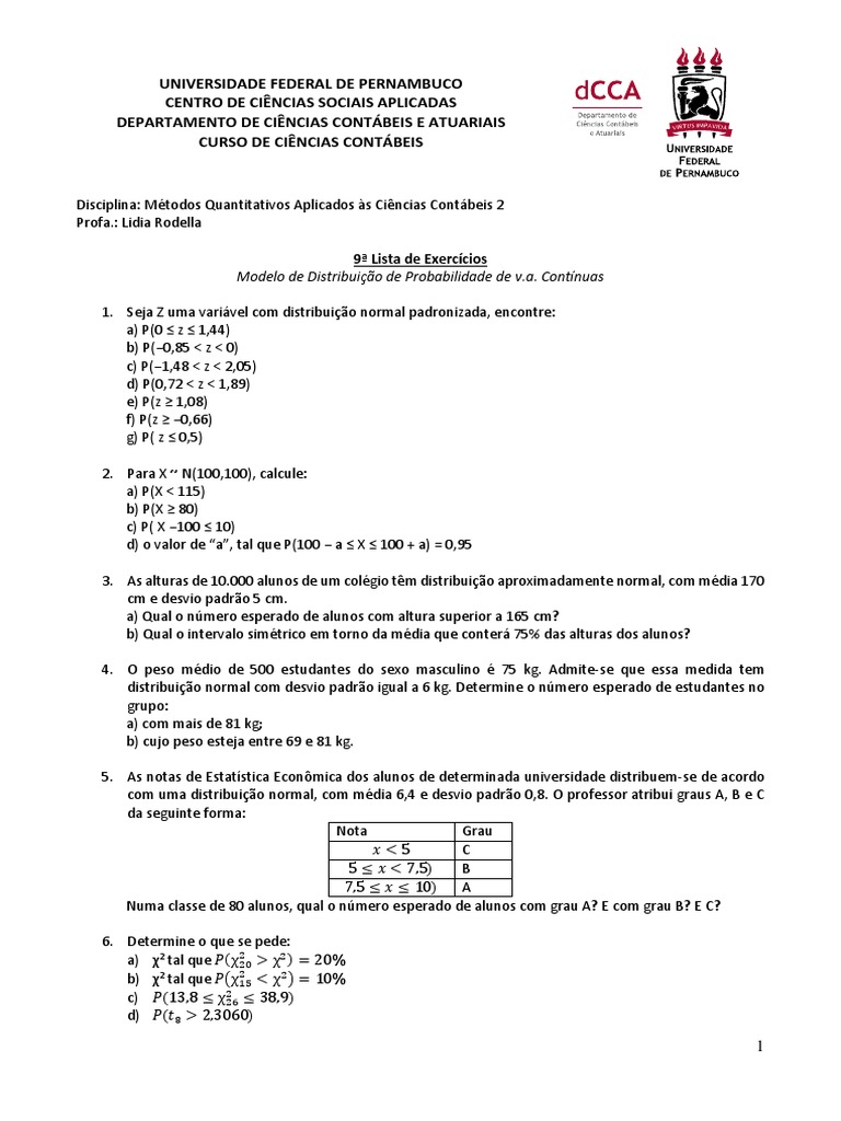 Lista 9 - Modelos Prob. V.A. Contínuas e Inferência 1 M1 | PDF | Desvio ...