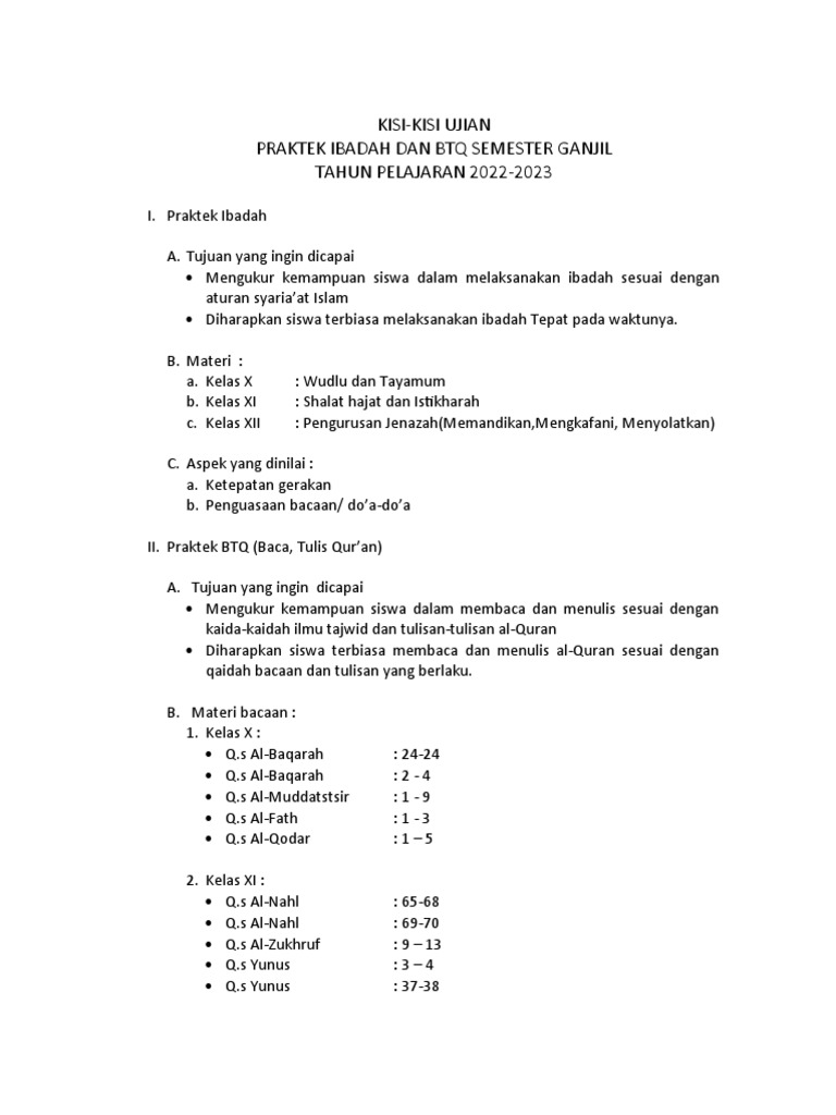 KISI-KISI Materi Praktek Ibadah X, XI Dan XII SMT Ganjil 2022-2023 | PDF