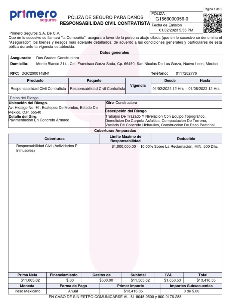 Dos Grados Constructora | PDF | Seguro