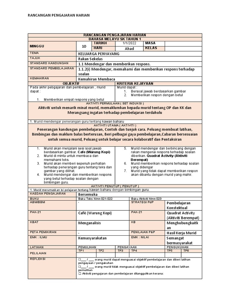 RPH Minggu 10 BM THN 1 by Cikgu Gorgeous | PDF