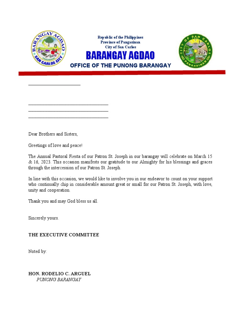 Barangay Agdao Fiesta Invitation Letter | PDF