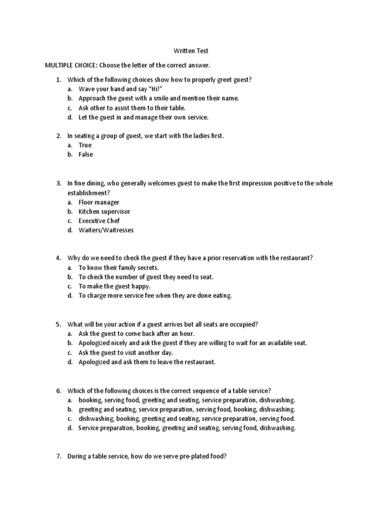 Proper Table Service Techniques: A Written Test on Restaurant Service ...