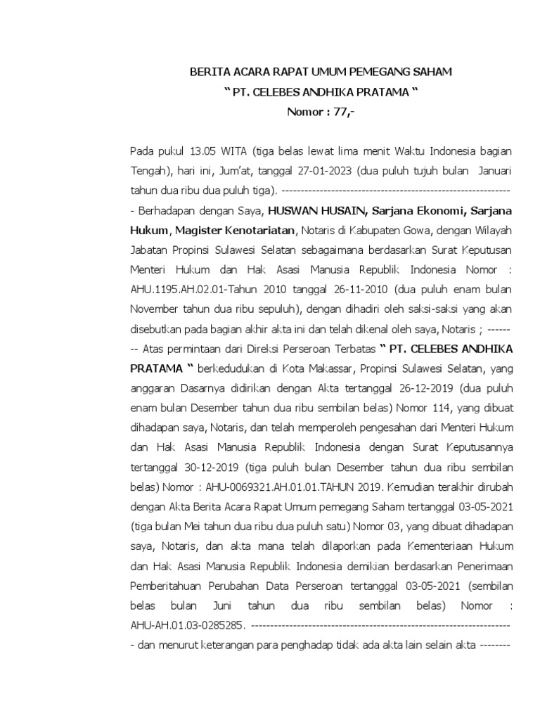 Berita Acara Rapat Umum Pemegang Saham Pt. Celebes Andhika Pratama | PDF