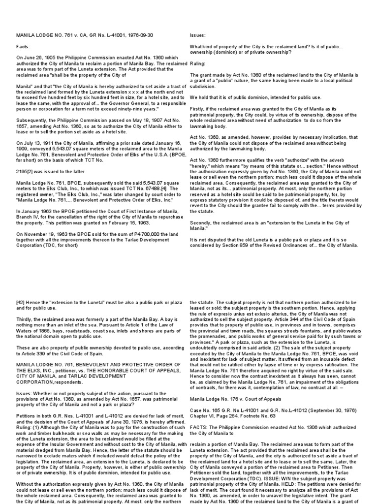 L-41012 Manila Lodge VS Coa L-41012 Tarlac Devt VS Coa | PDF | Property | Justice