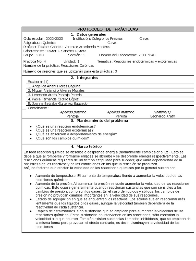 Protocolo de Laboratorio (Practica 4) | PDF | Reacciones químicas | Química