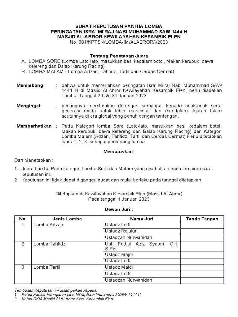 Surat Keputusan Penetapan Juara Lomba | PDF