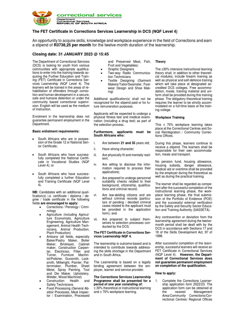 Learnership Advertisement With The Closing Date of 31 January 2023 ...