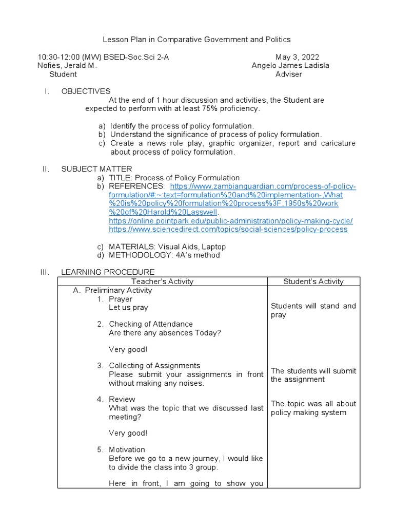 Policy Formulation Lesson Plan | PDF | Lesson Plan | Rubric (Academic)