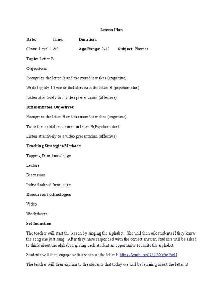 Letter B Lesson Plan (Phonics) | PDF | Phonics | Lesson Plan