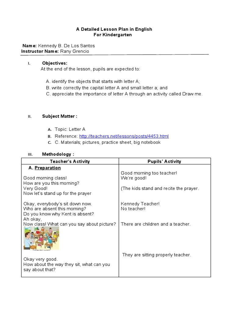 A Detailed Lesson Plan in English For Kinder | PDF | Lesson Plan | Teachers