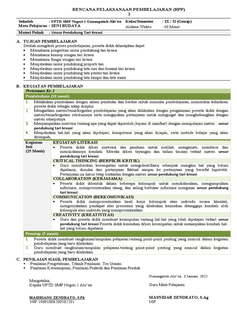 Perangkat RPP 1 Lembar SBD | PDF